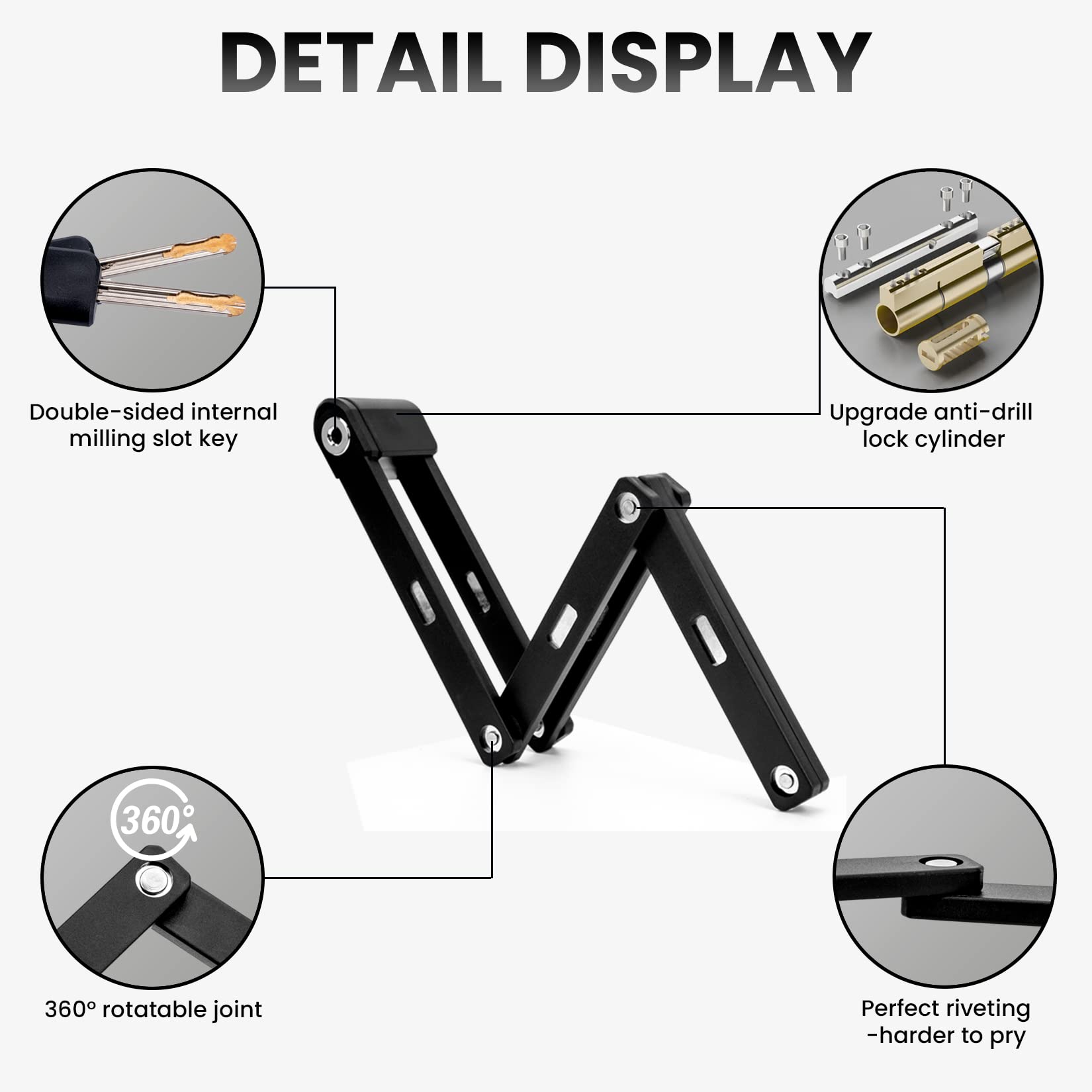 FTOYIN Compact Folding Bike Lock with 2Keys, Fold Chain Heavy Duty Alloy Steel Foldable Lock with Mounting Bracket 2pc Straps, 80cm/31.5” Unfolding