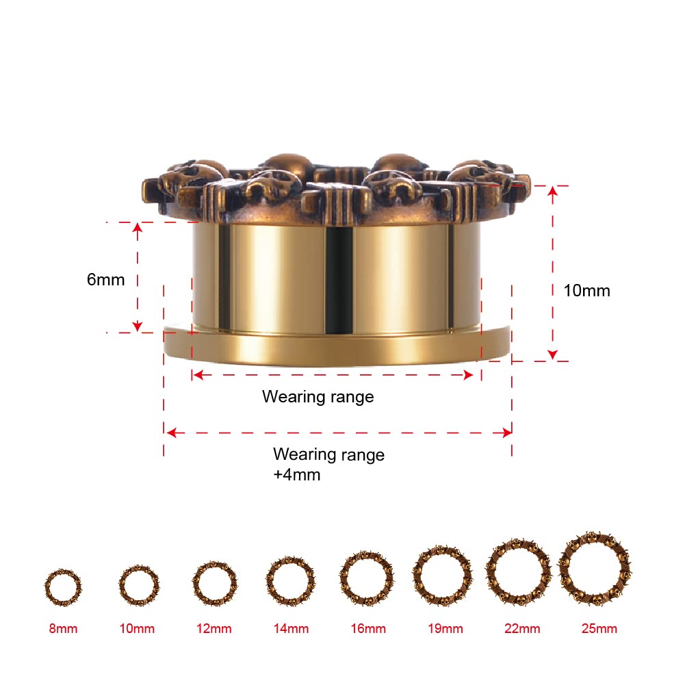 ERKUOO 2PCS Skull Screw Ear Gauge Plug Ear Tunnel 316L Stainless Steel Piercing Hangers Expander Stretchers 0g(8mm)