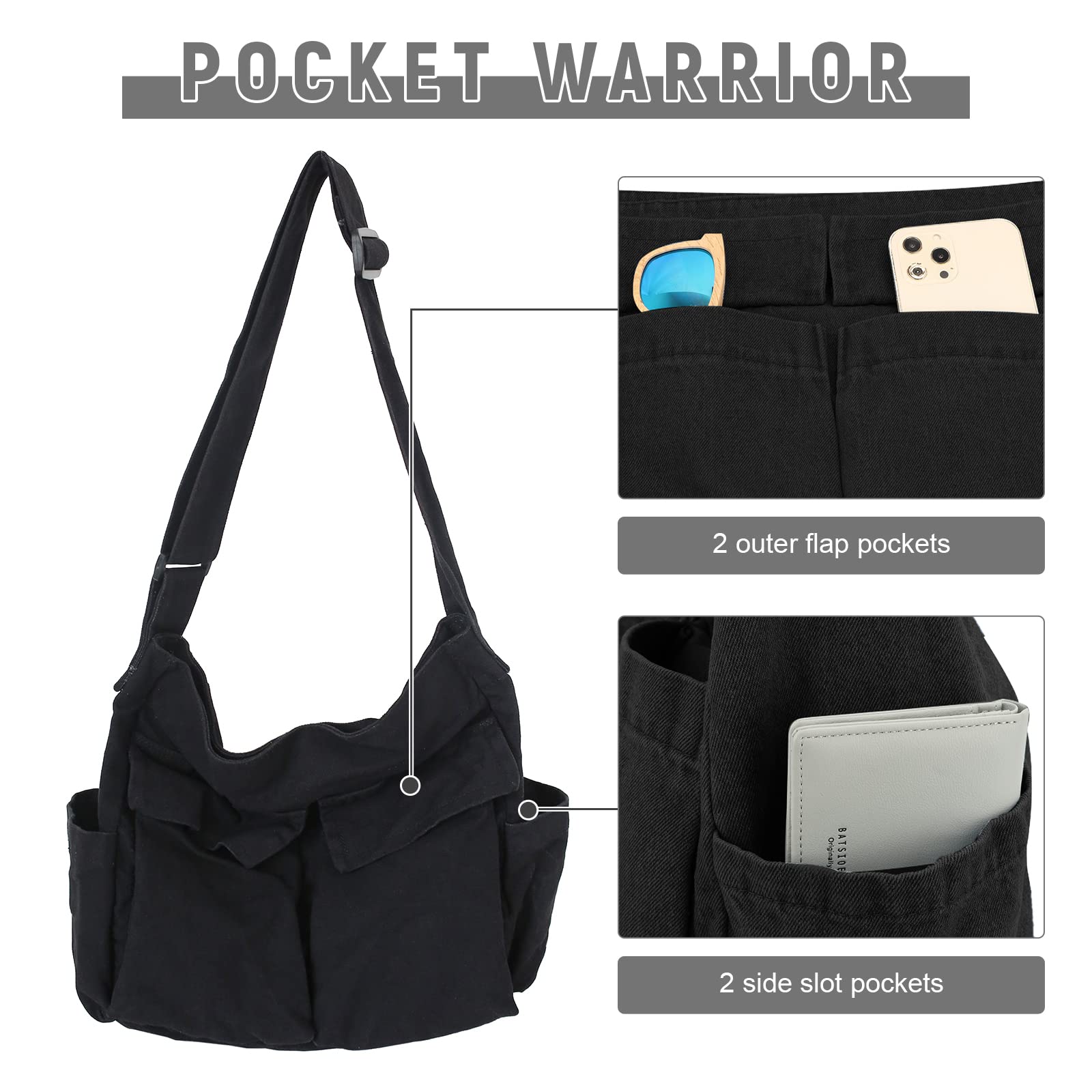 Freie Liebe Women Canvas Tote Bag with Multiple Pockets Large Hobo Bag Crossbody Shoulder Bag