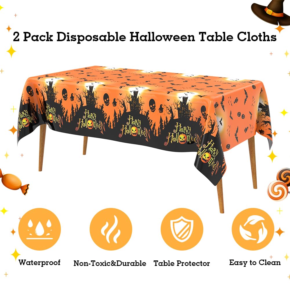Halloween Tablecloth, 54" x 108" Halloween Tablecloth Rectangle, 2PCS Disposable Plastic Halloween Table Cover Table Cloth Halloween Table Decorations for Halloween Party Supplies Home Decor