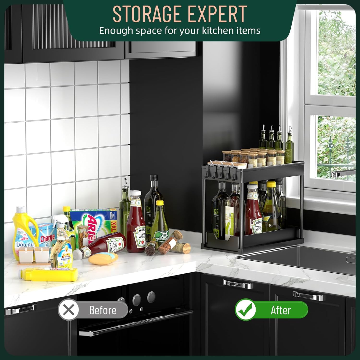FatPnut Kitchen Under Sink Organizer, 2 Tier Slide Out Under Cabinet Organizer, 2 Pack Double Shelf Kitchen Storage, Under the Sink Organizer Bathroom (Black) SCSN-L-02