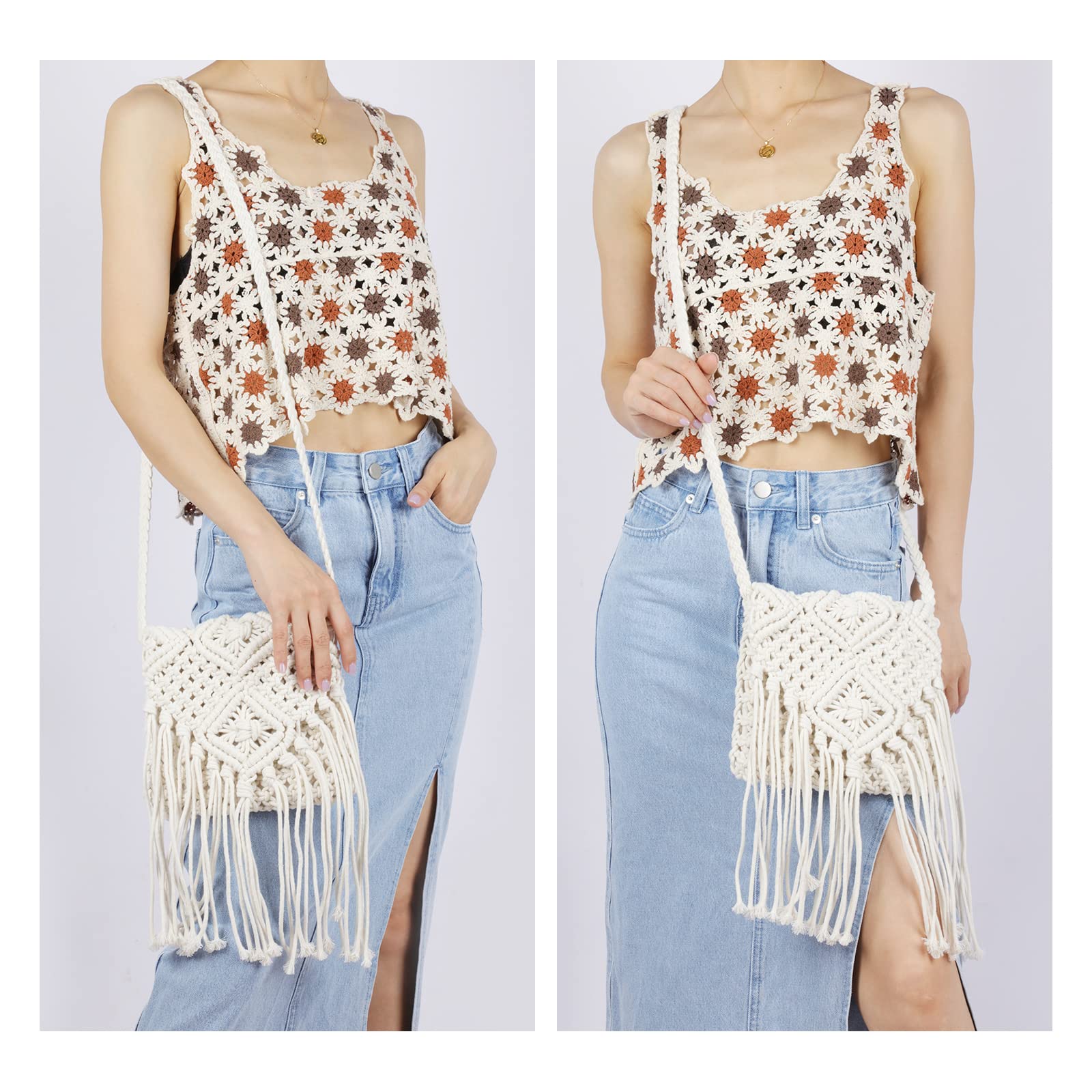 Evevictor Tassel Clutch Purse, Cotton Crochet Shoulder Bag, Bohemian Summer Beach Handbag Handmade Wallet (White)