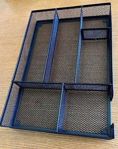 ROSROSE Desk Drawer Organizer Tray, Metal Mesh Drawer Organizer Office w/6 Compartment, Multi-use Desk Organizer Tray Storage for Home Office School Supply, Desktop, 12.6 x 8.7 x1.8in, Black-2 Pack