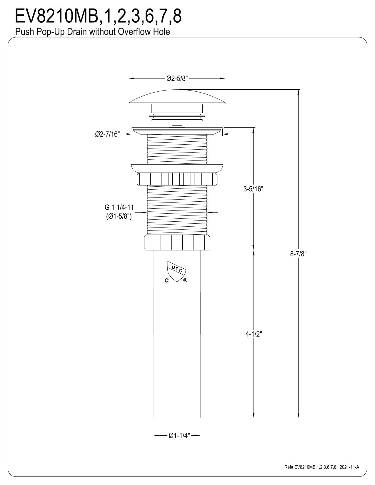 Fauceture EV8211 Kingston Brass Coronel Push Pop-Up Bathroom Sink Drain Without Overflow, 1-1/4" O.D. tailpiece, Polished Chrome