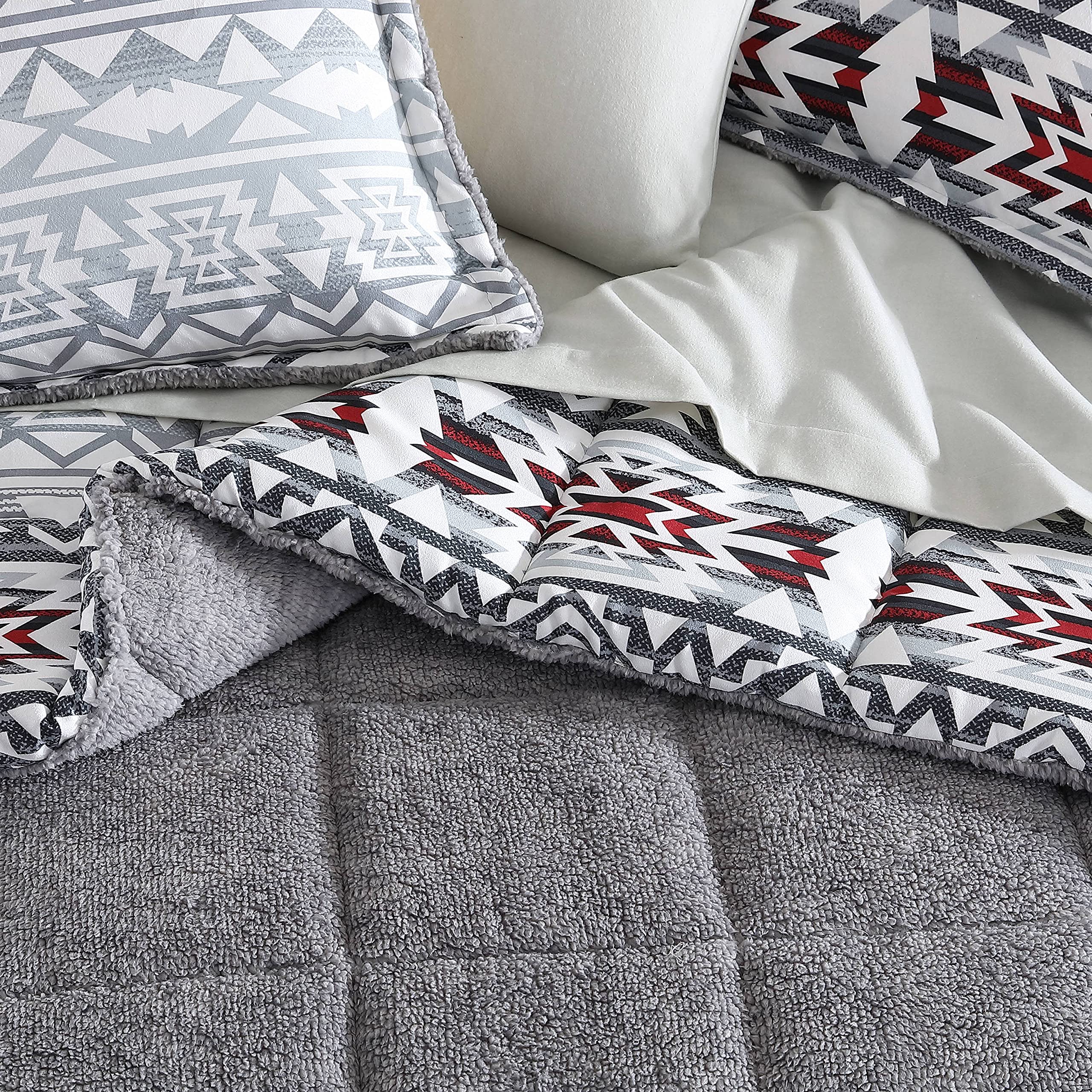 Eddie Bauer Home | Clyde Hill Collection | Comforter Set - Soft & Cozy, Medium-Weight, Sherpa Reverisble Bedding with Matching Shams, Queen, Grey