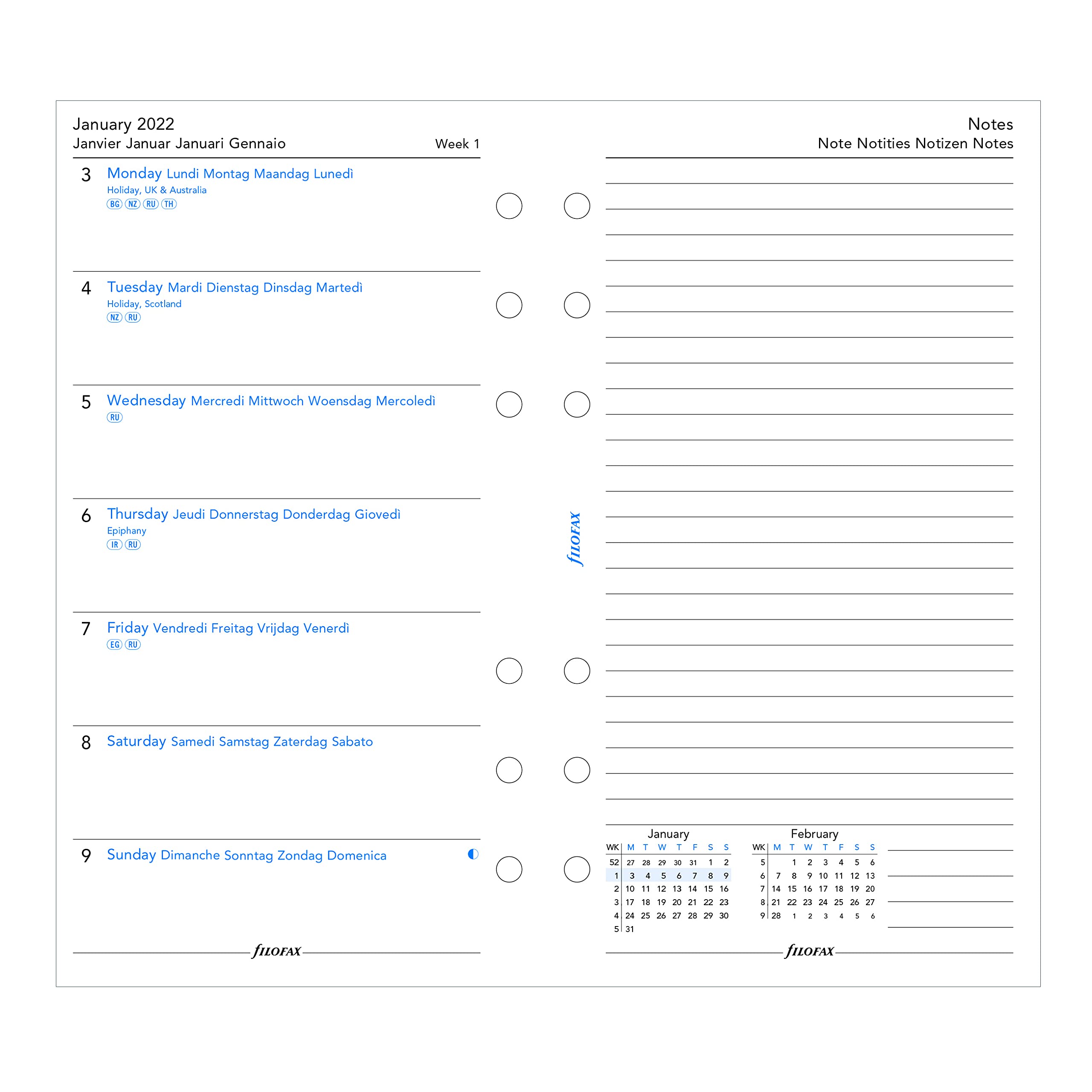 Filofax Refill, Personal/Compact Size, Week on One Page with Notes, White Paper, Multilingual: Five Languages, 2022 (C68409-22),22-68409