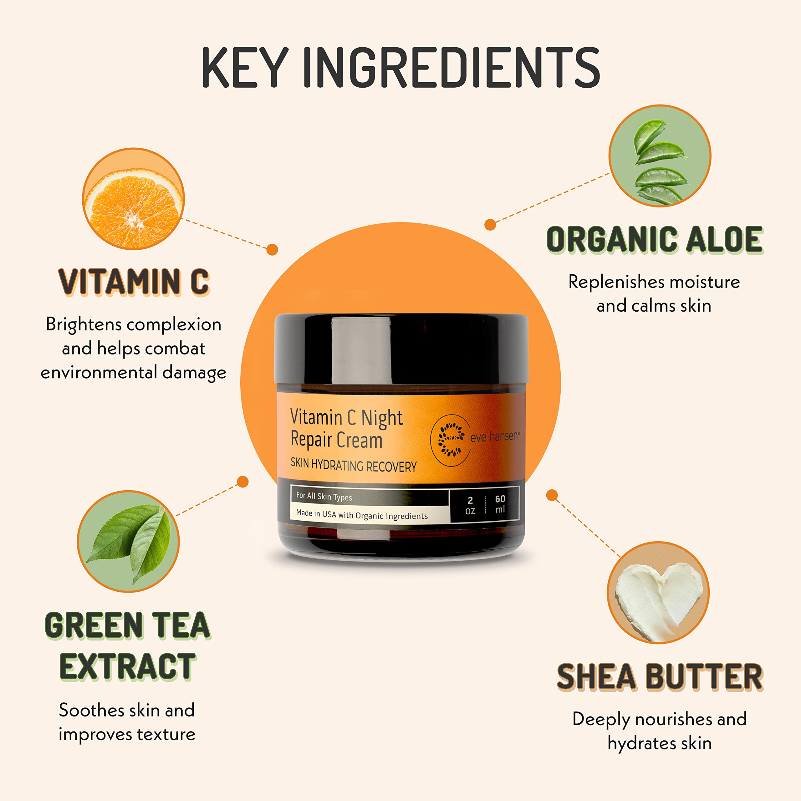 Eve Hansen Vitamin C Night Cream 2 oz - Anti Aging Face & Neck Cream with Vitamin E - Natural Face Moisturizer for Acne Scar Removal, Dark Circles, Filling Wrinkles