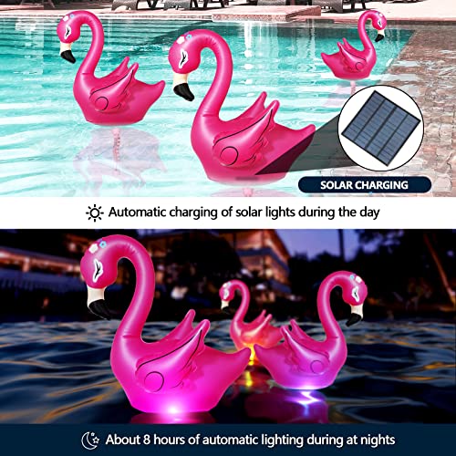 Floating Pool Thermometer with 19" Solar Pool Lights Pond Water Thermometer with RGB Led Lights Color Changing Swimming Pool Thermometer Water Temperature Thermometers for Hot Tub Inflatable Flamingo