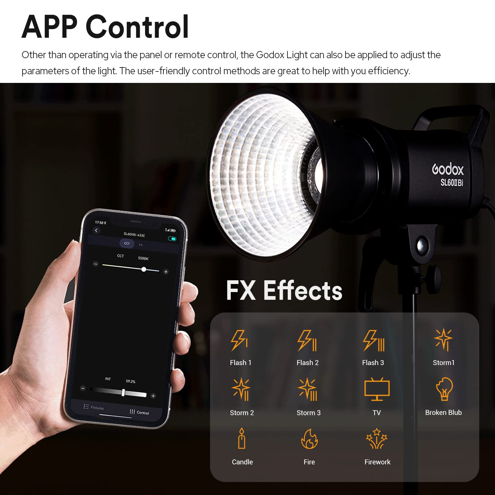 Godox SL60IIBi Bi-Color LED Video Light, 75W 2800K-6500K 25100Lux@1M CRI 96+ TLCI97+ Bowens Mount LED Continuous Light, 11 FX Effects Studio LED Light with APP Control&RC-A6 Remote