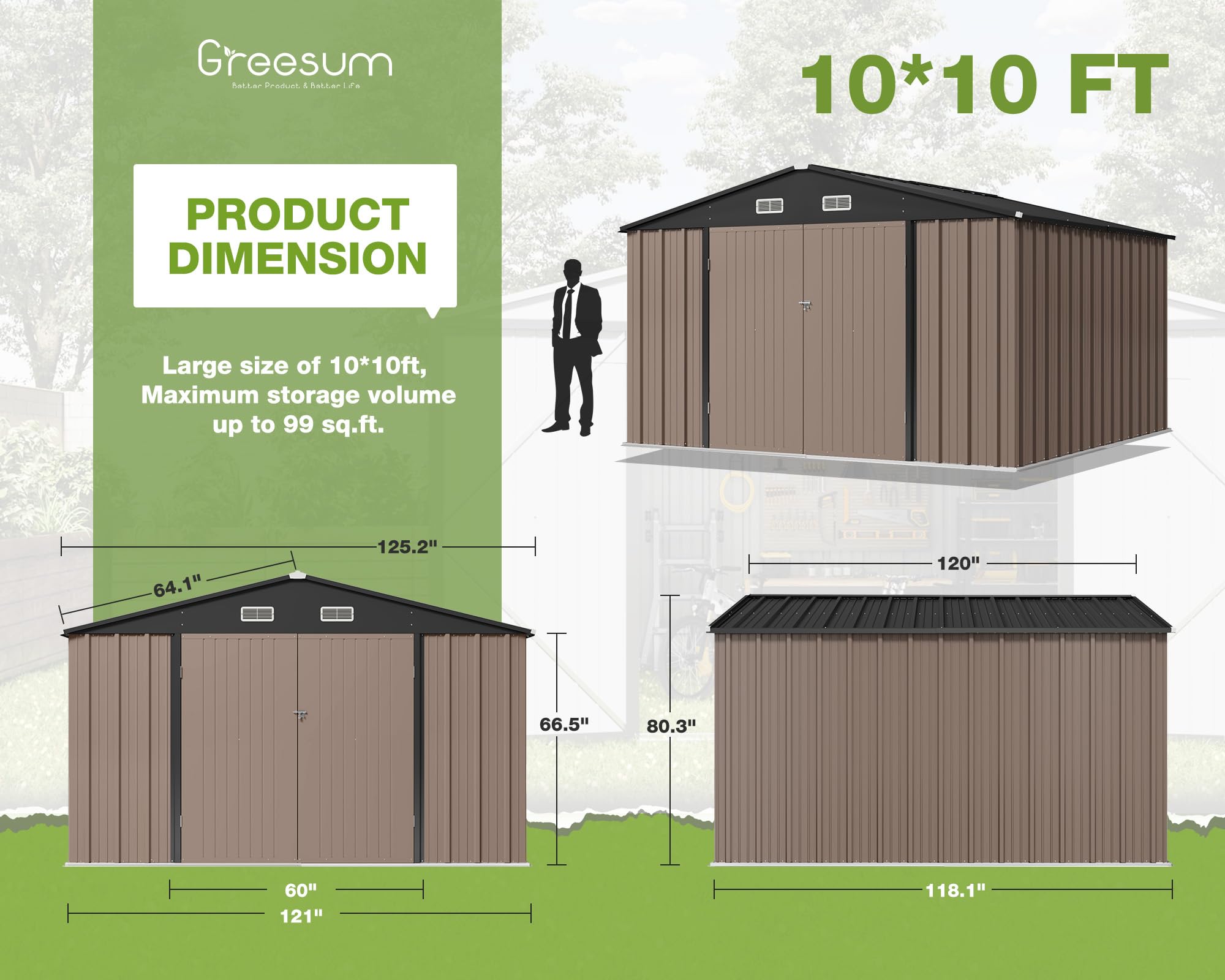 Greesum Outdoor Storage Shed 10 x 10 ft. Utility Tool Shed Metal Storage Garden Shed with Door & Lock for Patio Storage, Brown