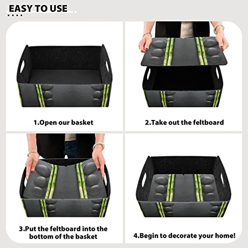 Poeticcity Black Zen Basalt Stones with Dew Green Bamboo on Dark Collapsible Felt Cloth Storage Box, Rectangular Desk Organizer Basket Bin, Detachable Laundry Hamper Plate Counter Holder Box