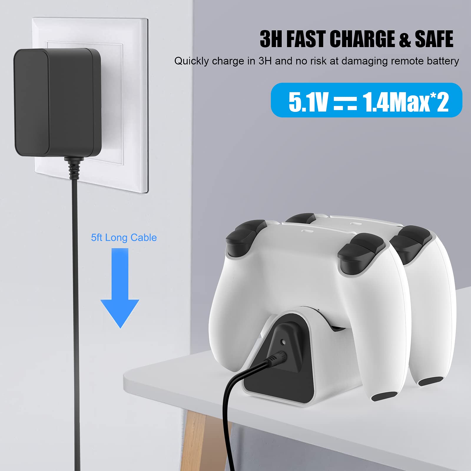 FnOoRw PS5 Controller Charging Station, Upgraded PS5 Charging Station with Long Power Cord AC Adapter, Fast Charging 3 Hours, PS5 Accessories for Dualsense Charging Station