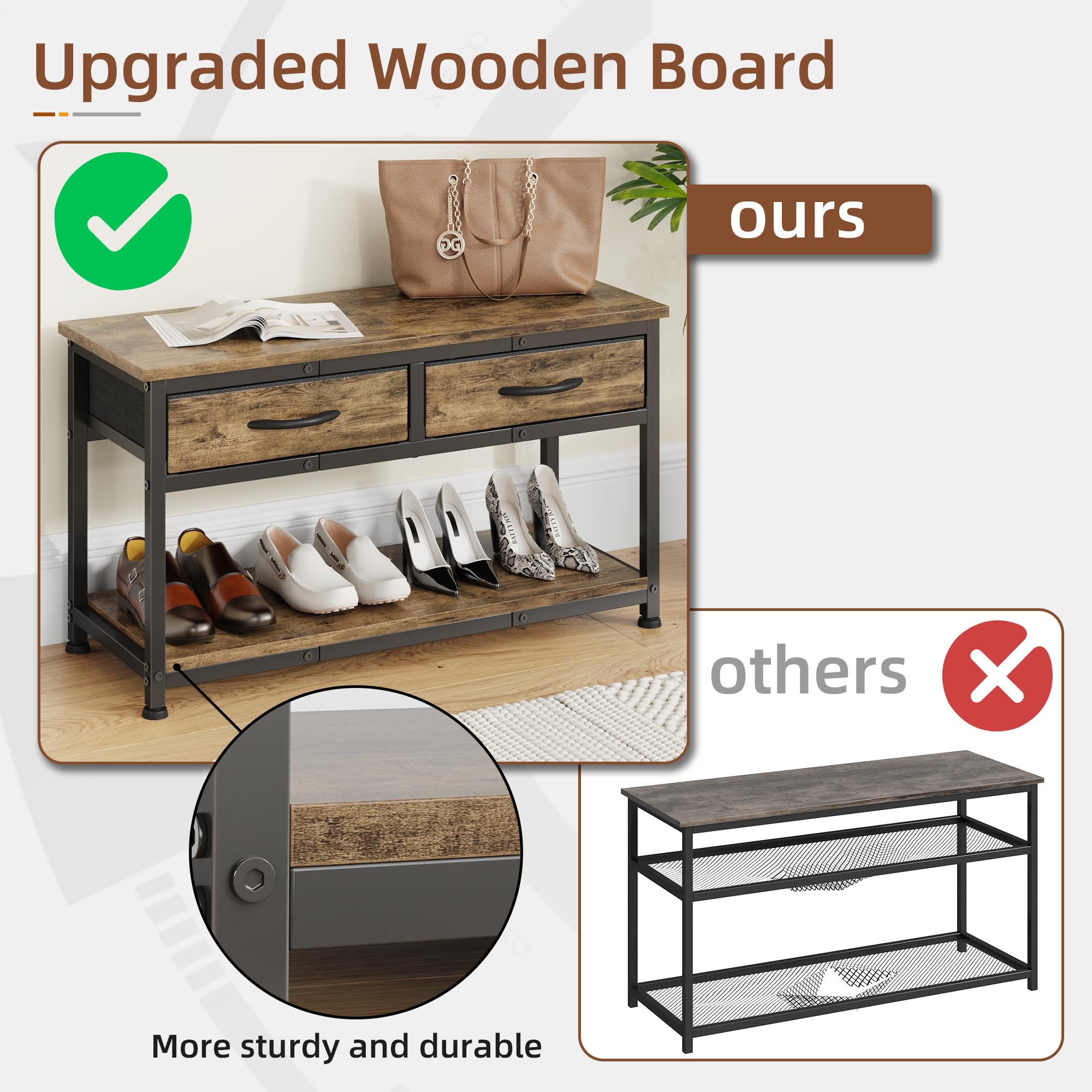 DSAFGGY Shoe Rack Bench with 2 Fabric Drawer, 2-Tier Entryway Bench with All-Wood Board, Stable Shoe Storage Bench with Seating Holds Up to 350 LB, Space Saving, Doorway, Rustic Brown