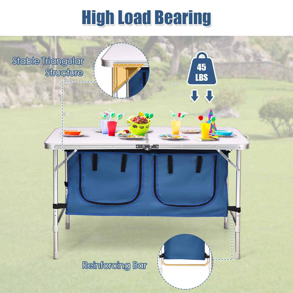Goplus Folding Camping Table with Storage, Aluminum Outdoor Camp Table with 2-Level Adjustable Height, Lightweight Portable Foldable Picnic Table for Tailgating Beach BBQ Party RV