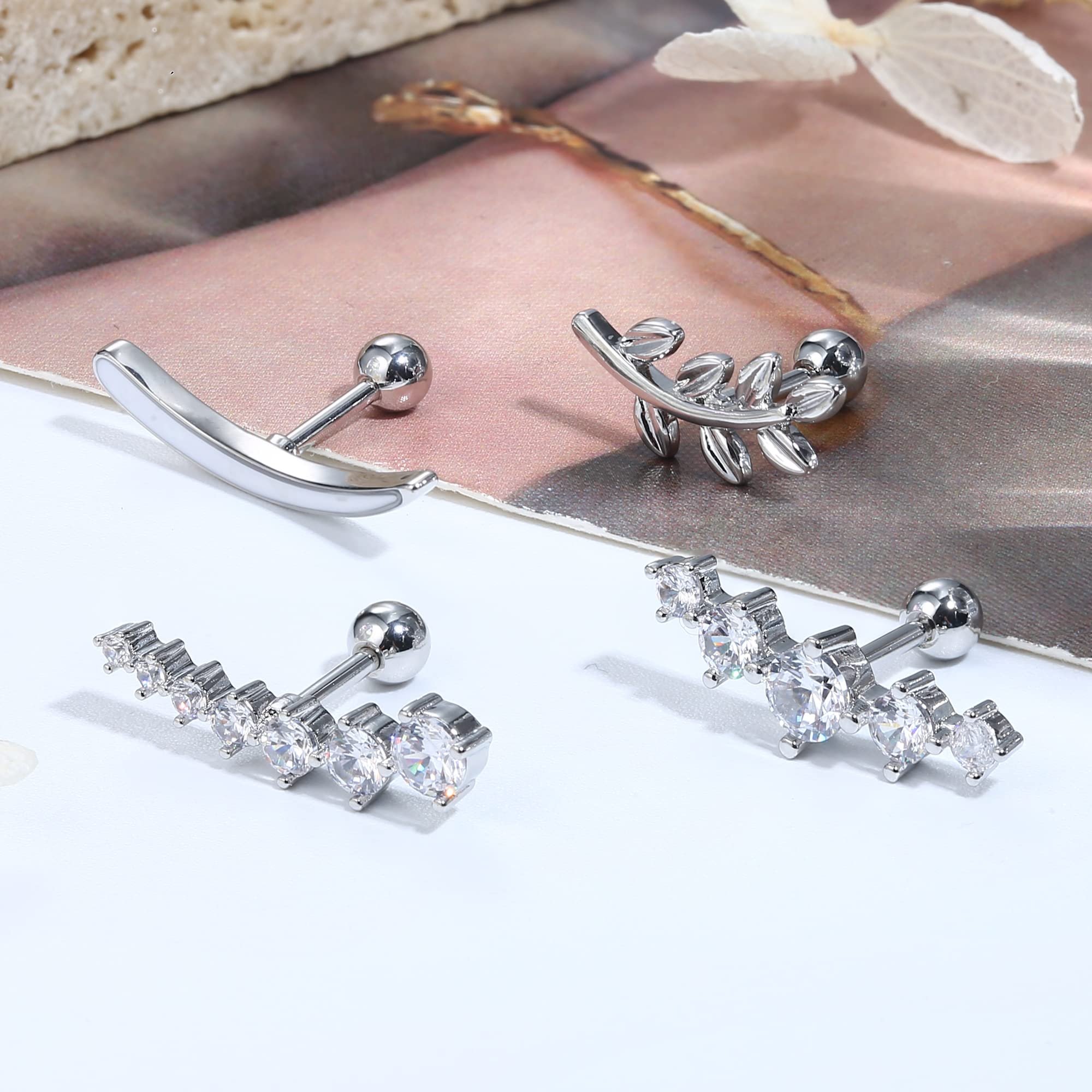 FIBO STEEL 4 Pcs 16G Cartilage Stud Earrings for Women Opal CZ Leaf Helix Conch Daith Piercing Jewelry Set Silver-tone