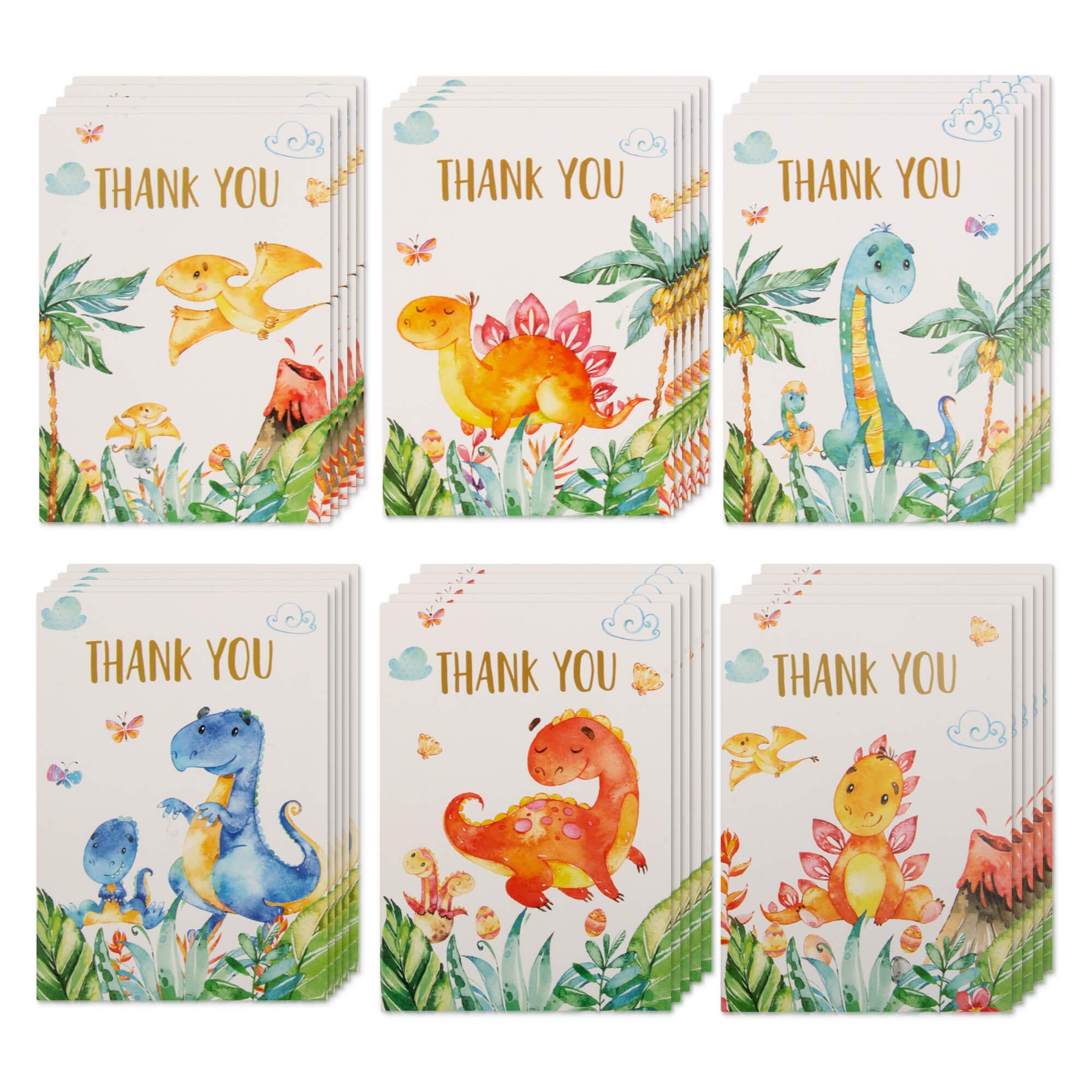 VNS Creations Dinosaur Thank You Cards – 30 Cute Dinosaur Cards with Envelopes & Stickers for Kids Birthday, Toddler Thank You Notes, and Baby Shower Thank You Cards