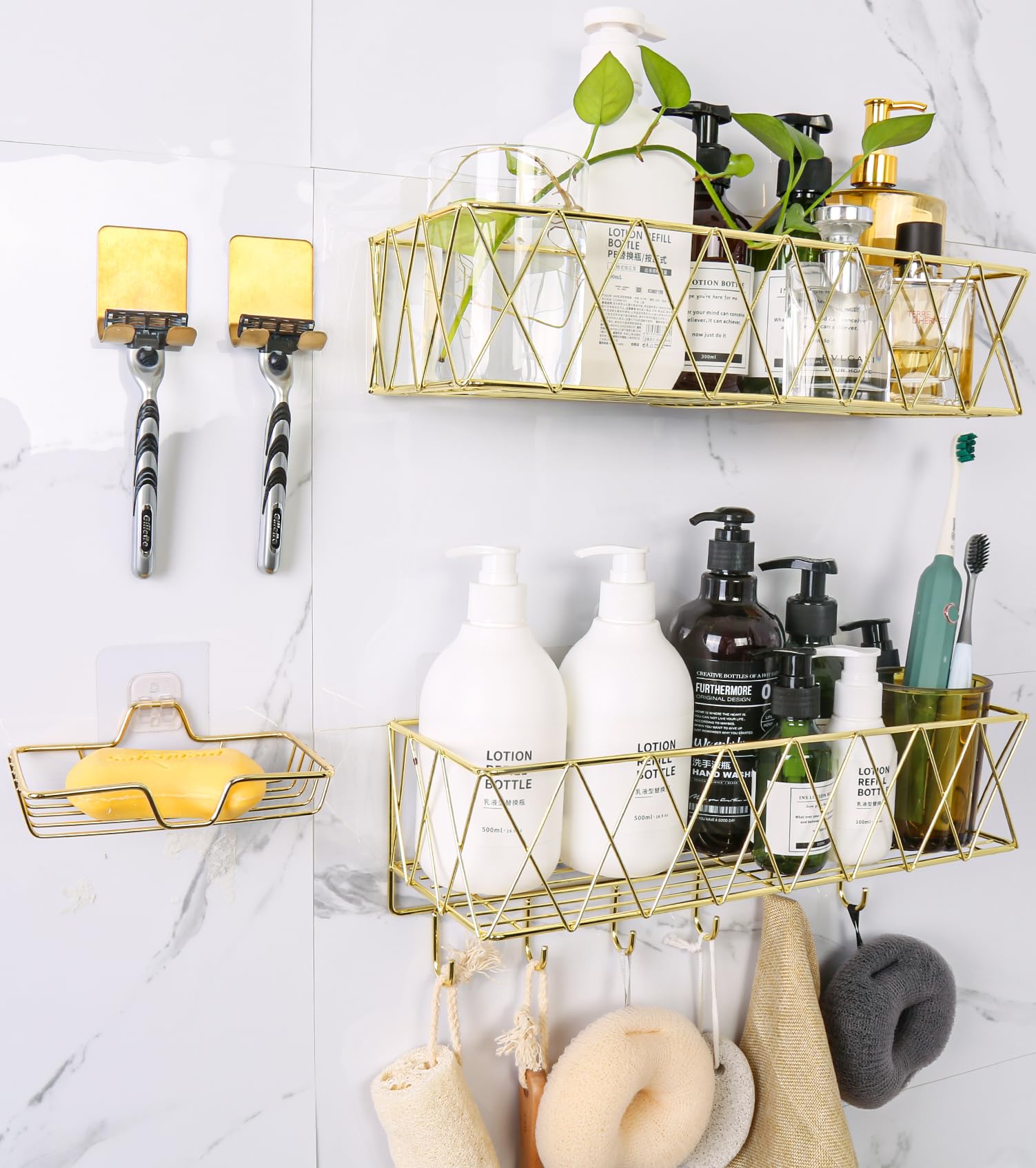GTSABWAY Adhesive Shower Caddy Basket Shelf, 5-Pack Bathroom Organizer, Kitchen Storage Rack, No Drilling Wall Mounted Rustproof Shower Shelf for Inside Shower