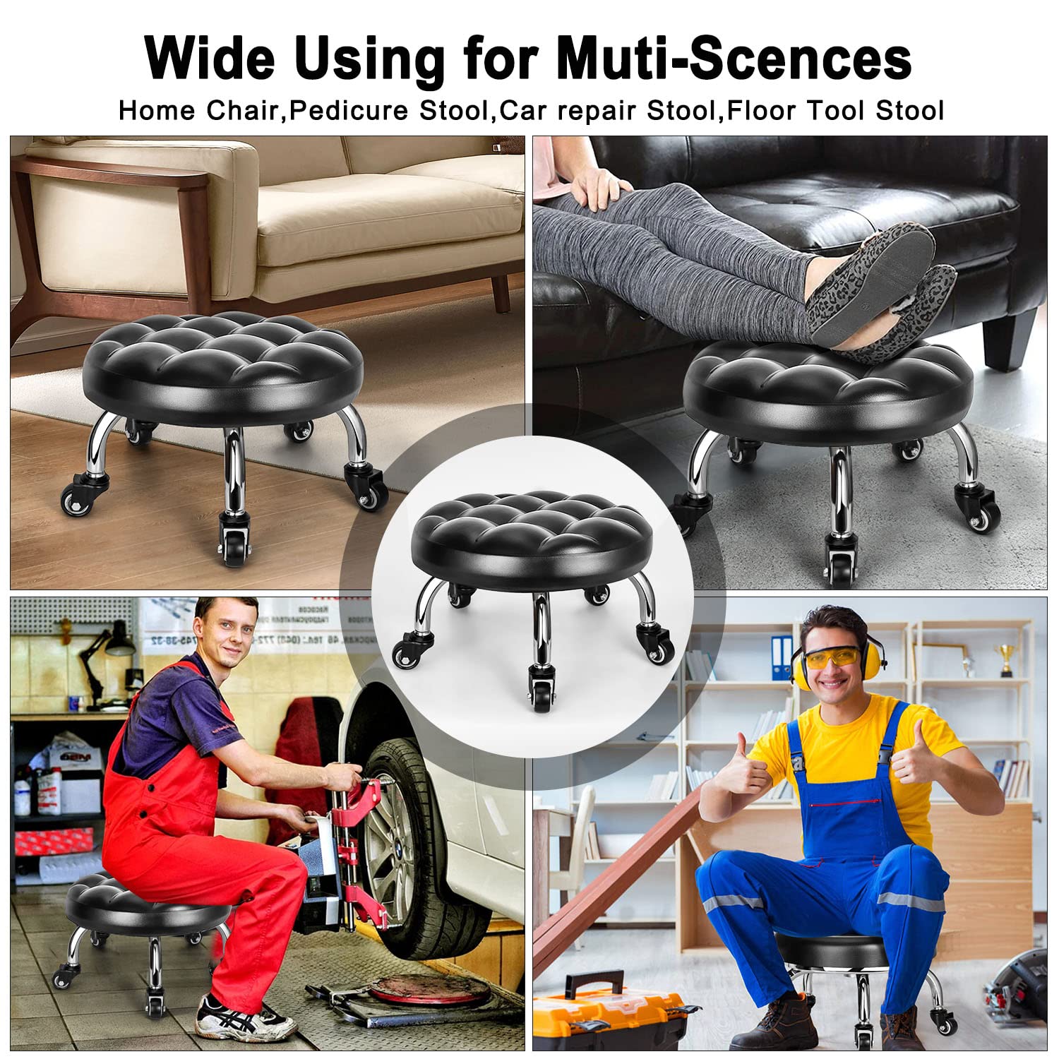 FLOLXNB Low Rolling Stool, Low Stool with Wheels, PU Leather Low Roller Seat Stool Chair, Rolling Seat Stool for Home Office Garage Shop (Style 1)