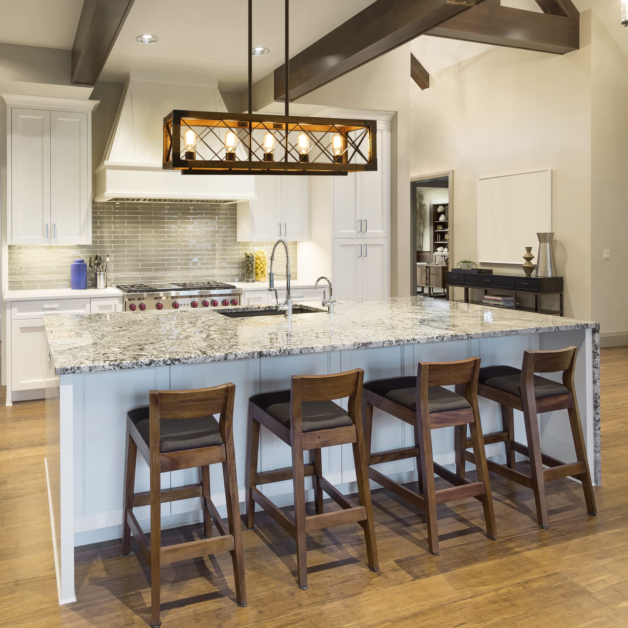 Farmhouse Chandelier for Dining Rooms, 3-Light Rectangular Chandelier, Wood Kitchen Island Lighting, 23.5'' L
