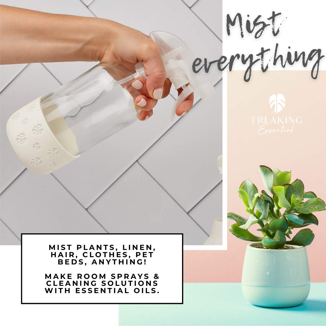 Empty Clear Glass Spray Bottle - 16 oz with Silicone Sleeve, Funnel, Labels - Refillable Spray Bottles for Essential Oils, Cleaning Solutions, Plants - 2 Pack (Linen White)