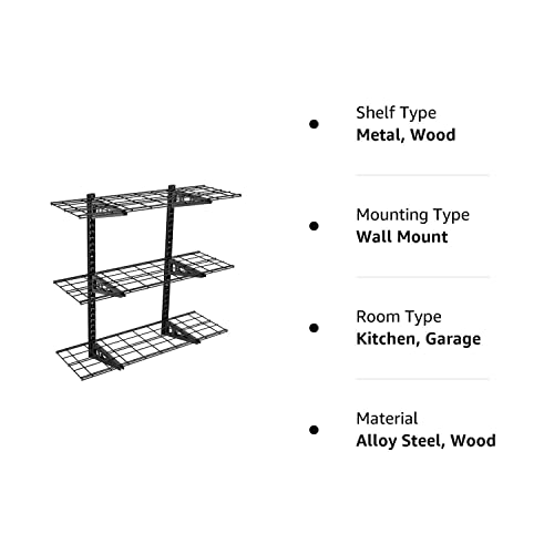 Fleximounts 3-Tier 1x3ft Garage Storage Wall Shelving 12-inch-by-36-inch per shelf Height adjustable Floating Shelves (Black)