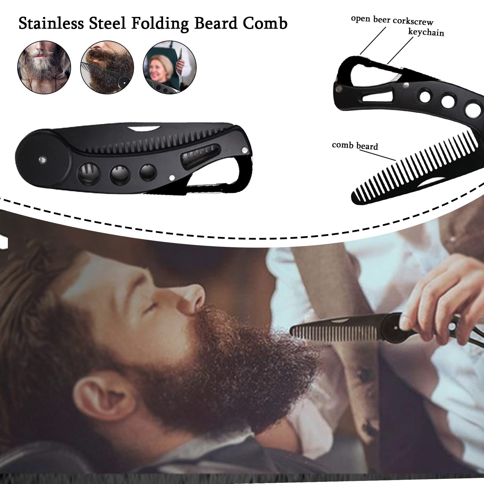 HUATOL Stainless Steel Folding Beard Comb，Portable Bottle Opener and Key Chain for Men Grooming, Combing Hair and Beard