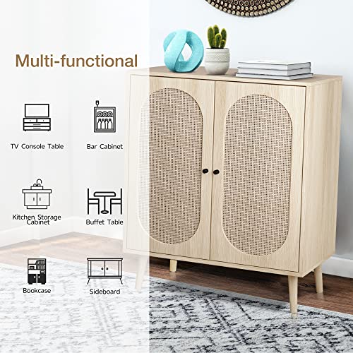 QHITTY Rattan Sideboard Buffet Cabinet, Accent Kitchen Storage Cabinet Console Table with Adjustable Shelves for Living Room, Dining Room, Bedroom (Natural)