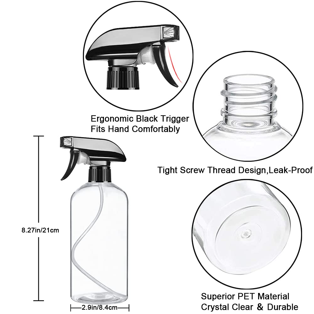 Empty Plastic Spray Bottles (2 Pack, 16.9 Oz) Clear Spray Bottle Refillable Containers Durable Adjustable Black Trigger Sprayer from Fine Mist to Stream for Hair Cleaning Solutions Gardening Plant