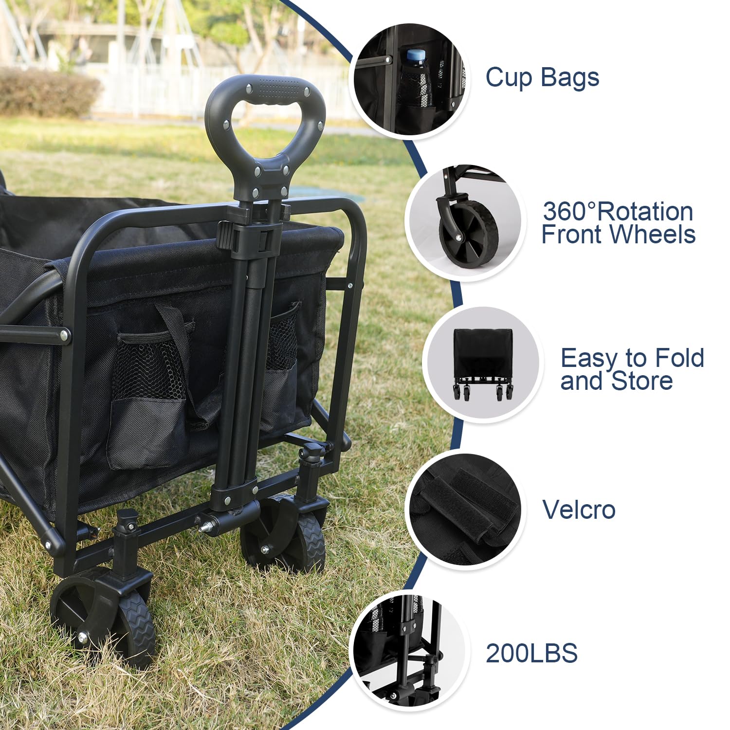 Knocoka Collapsible Folding Utility Wagon, Portable Heavy Duty Folding Wagon with 2 Drink Holders, Outdoor Collapsible Wagon for Sports, Shopping, Camping