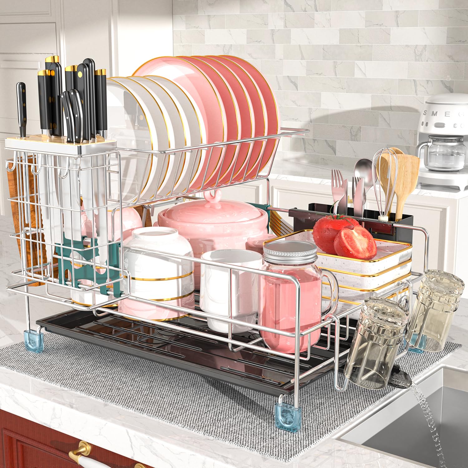 slhsy Dish Drying Rack - Large Capacity Stainless Steel Dish Rack for Kitchen Counter, 2-Tier Detachable Kitchen Organizers and Storage Rack with Drainboard and Cutlery Holder, Silver