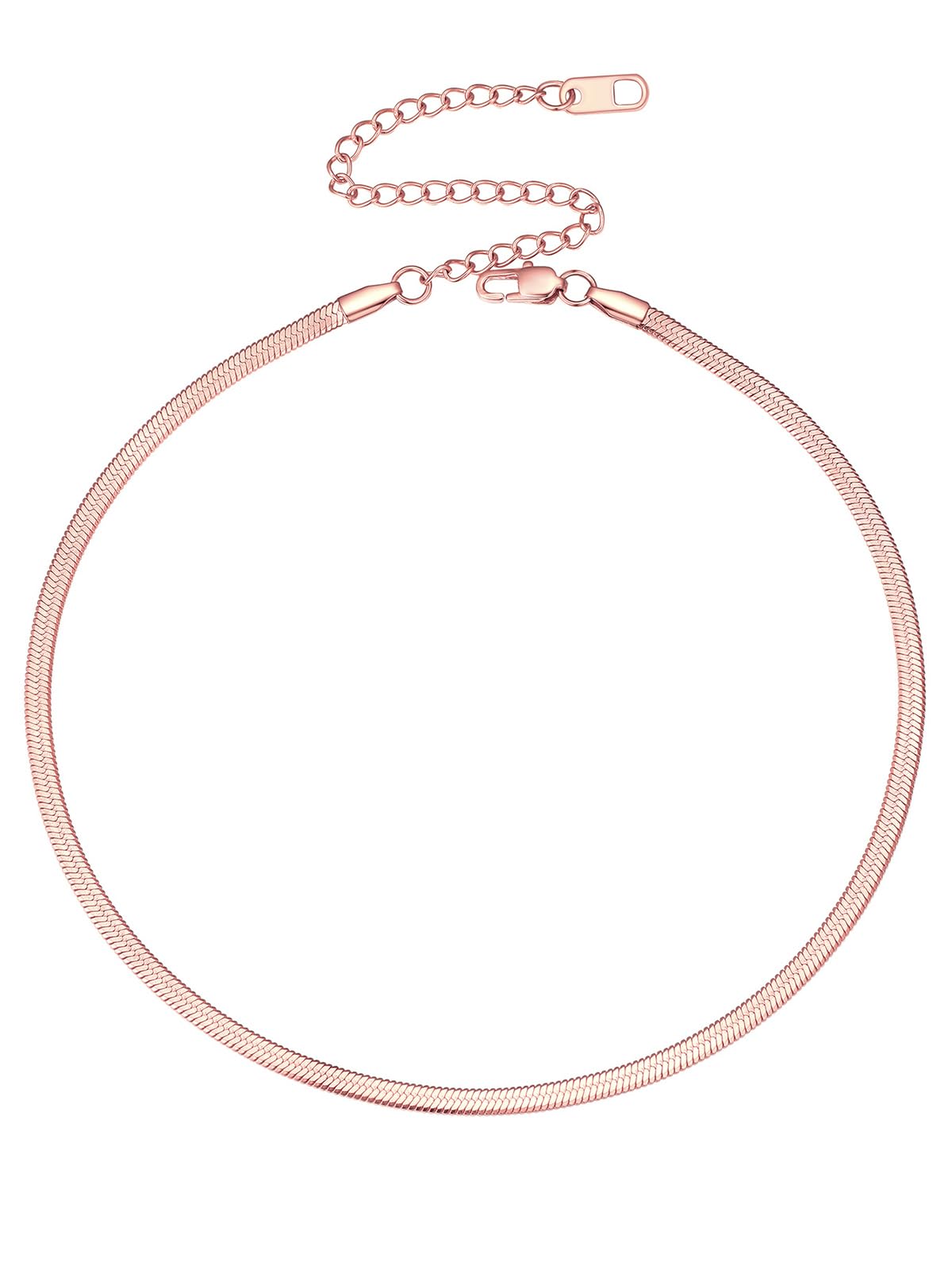FOCALOOK Rose Gold Plated Flat Snake Chain Necklace Herringbone Necklace Pink Choker Necklaces for Women 3MM(W) 12.5+3.5"(L)