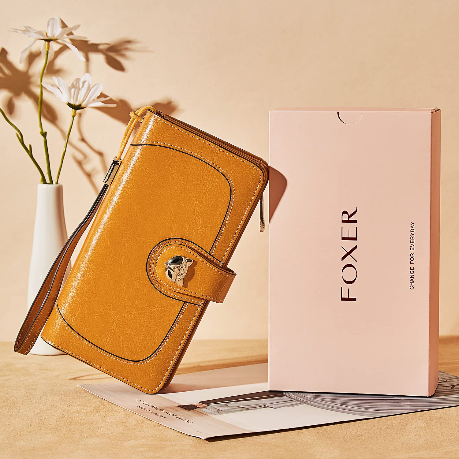 FOXLOVER Designer Wristlet Wallets for Women Large Capacity Ladies RFID Blocking Leather Credit Card Holder