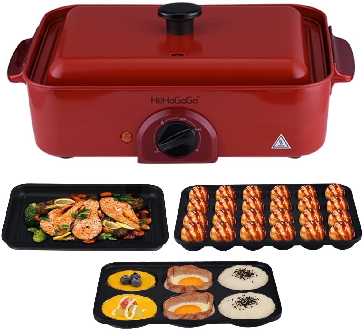HeHoGoGo 3 in 1 Multifunctional Electric Griddle Electric Skillet Nonstick Baking Maker with 3 Interchangeable Pan Takoyaki Maker Cake Pop Maker Pancake Maker Red