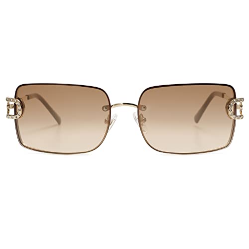 SOJOS Vintage Rectangle Sunglasses for Women,Trendy Rimless 90s UV400 Womens Y2K Shades SJ1178 Gold With Brown Grading Lens