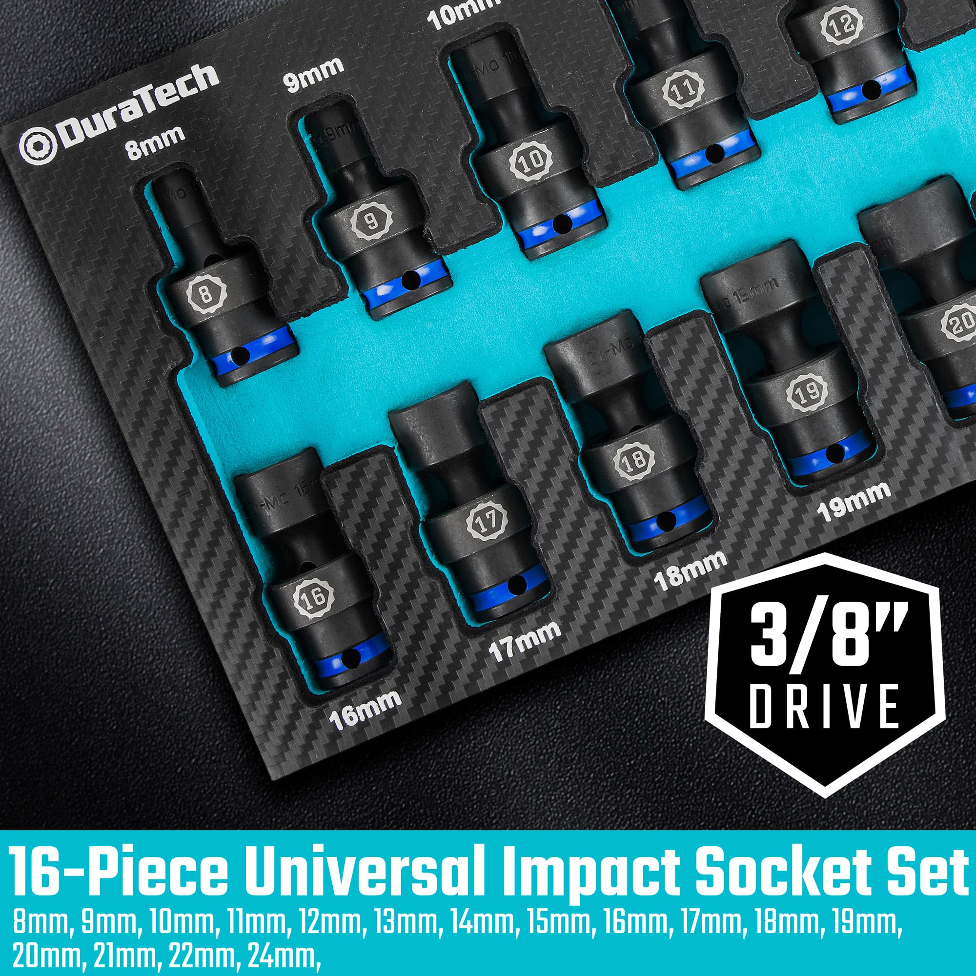 DURATECH 3/8" Drive Impact Universal Joint Socket Set, Swivel Socket Set, 16-Piece, Metric, 8-24MM, Cr-Mo Steel, Organized in EVA Foam Organizer