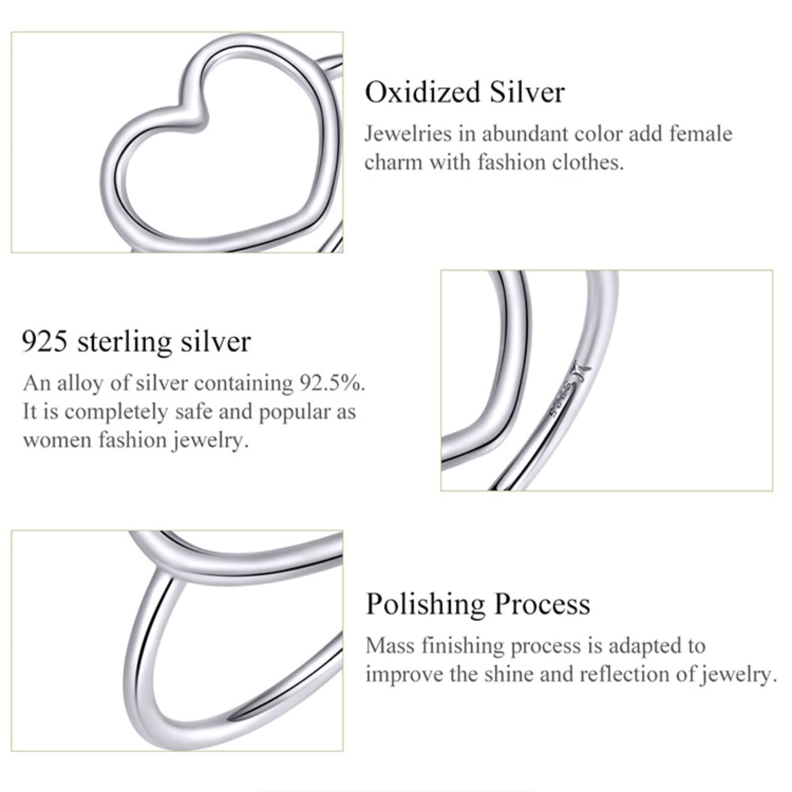 FUNYCHEN 925 Sterling Silver Minimalist Love Heart Rings For Women Simple Promise Finger Ring Statement Jewelry