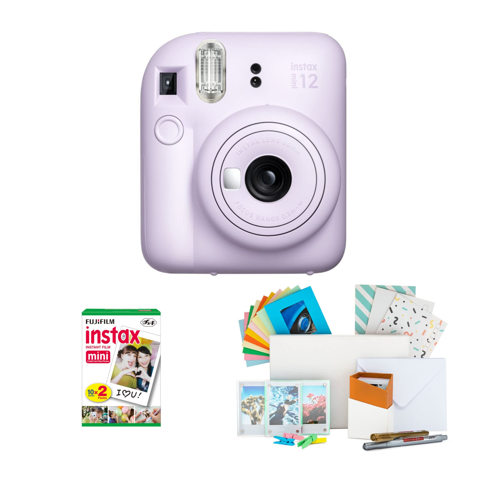Fujifilm Instax Mini 12 with 60mm Instax Mini Lens, Lightweight and Compact (Lilac Purple) Bundle with Instax Film Kit and 20 Exposure (3 Items)