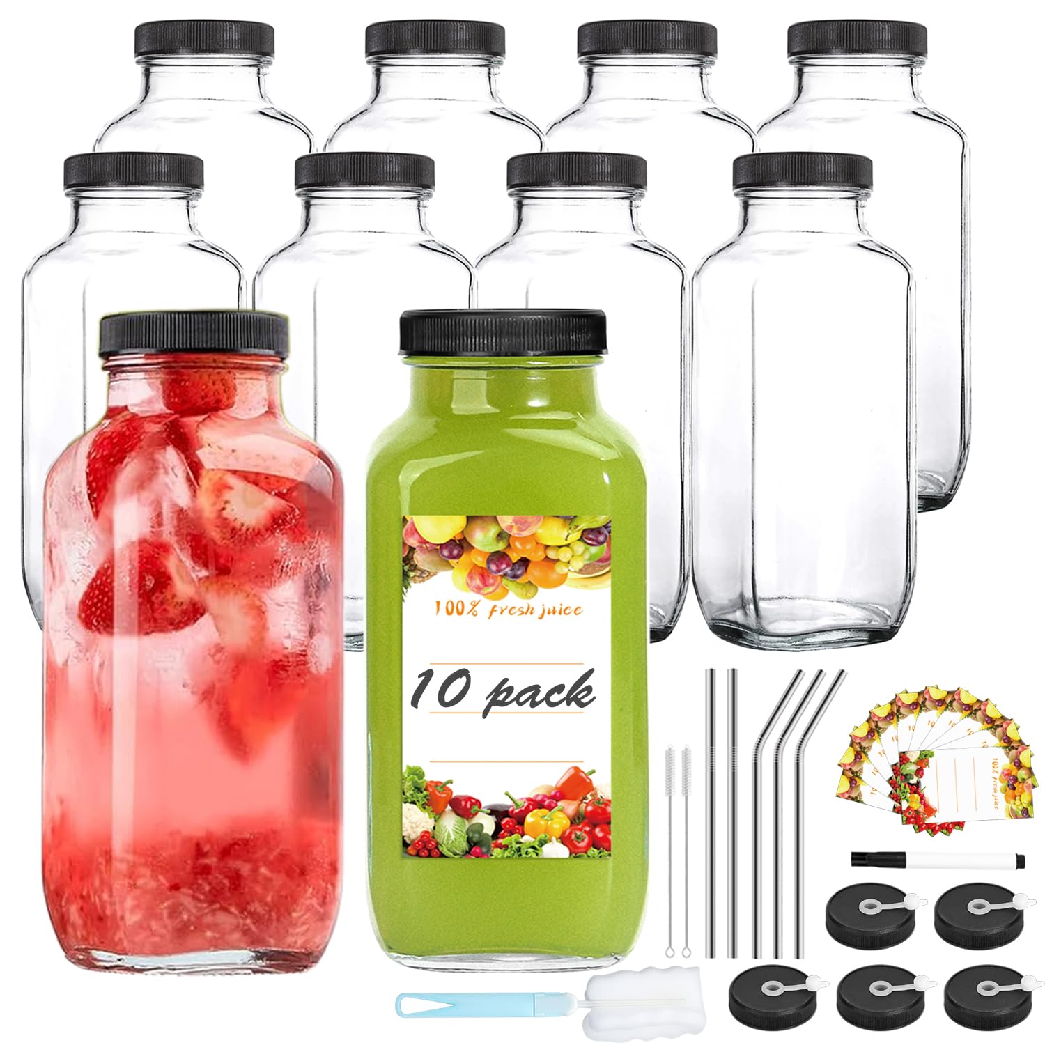 Ruckae 16oz 10pcs Glass Juice Bottles with Lids and Hole, Square Juicing Bottles Reusable Glass, Clear Glass Juicer Containers with Brush for Liquids, Juices, Smoothies, Salad Dressings, Picnics