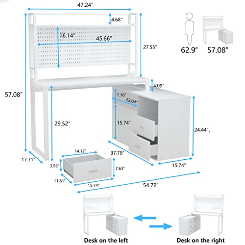 PAKASEPT Home Office Computer Desk L Shaped Desk, Reversible Corner Desk with Drawers & Shelves & Pegboard, White Desk Study Writing Table for Home Office