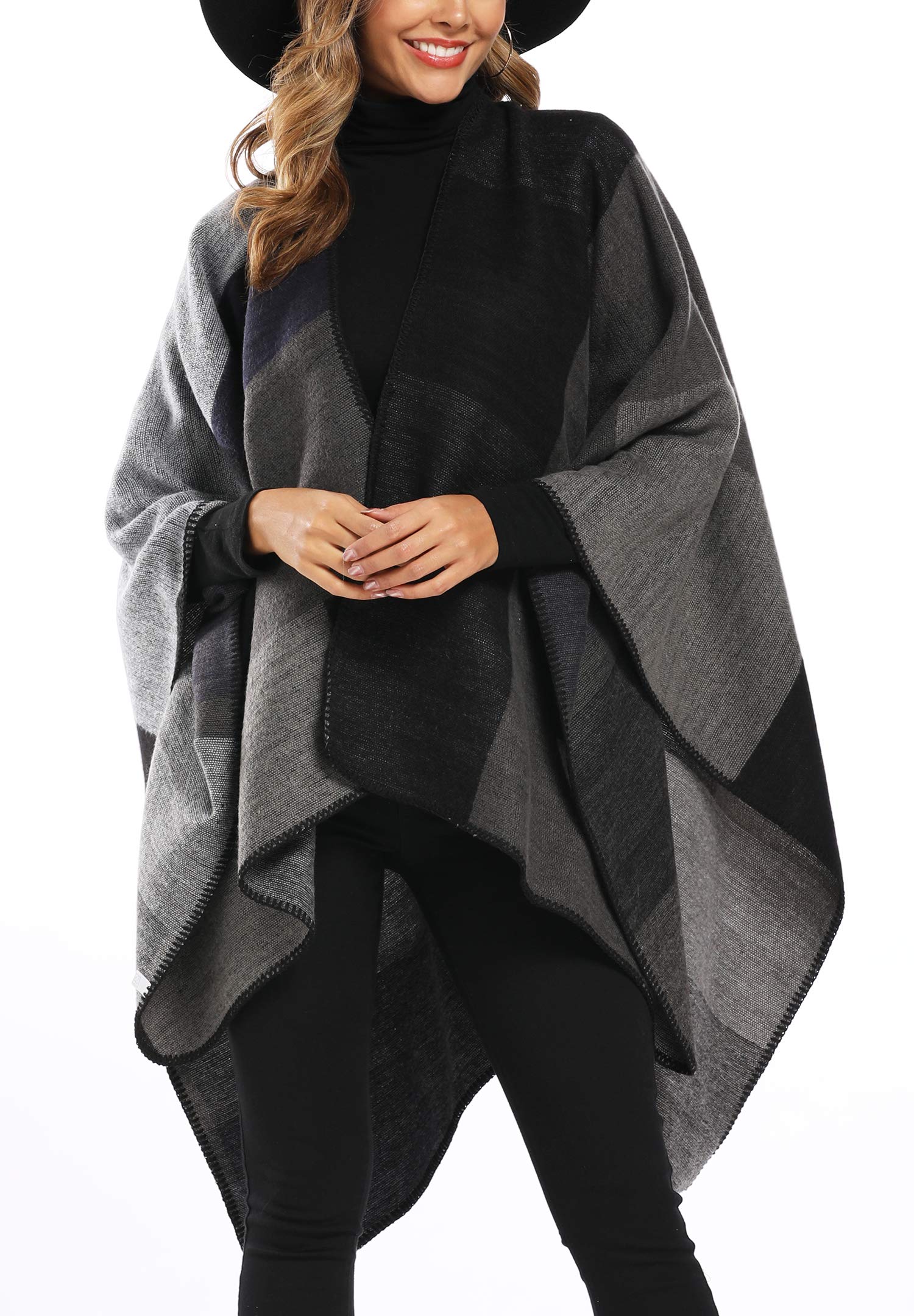 Epsion Women's Color Block Shawl Wrap Plus Size Cardigan Poncho Cape Open Front Long Winter Sweater Coat Black