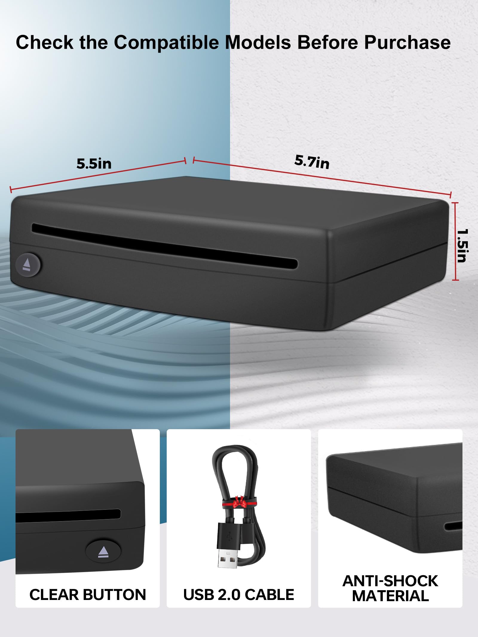 External USB CD Player for Car, Homlab Portable Plugs in CD Player with Extra USB Cable, for Car Without CD Player, Laptop, TV, Mac, Computer, for Android 4.4 and Above Navigation, Black