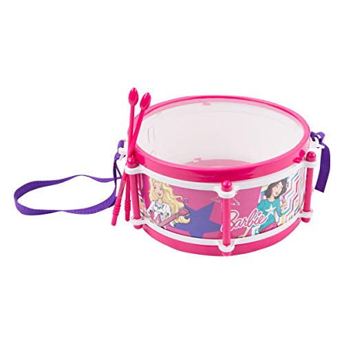 Sakar Barbie Six Piece Kids Drum Kit Musical Barbie Toys, Drum Set for Kids Music & Education, Comes with 4 Kids Instruments, 2 Drum Sticks, Bonus Toy Strap for Drums
