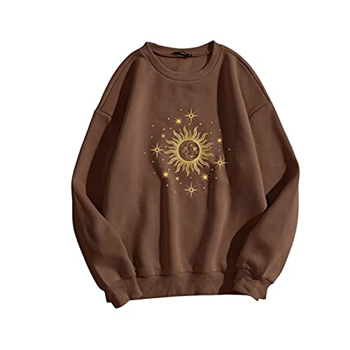 FOCUSNORM Women Y2K Sweatshirt Crewneck Long Sleeve Pullovers Sun Moon Star Printing Loose Hoodie (Brown, L)