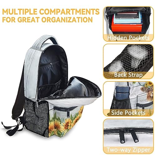 PAKKITOP Personalized Highland Cow Backpack for Teen Girls Women, 16" Casual Backpack for School, Custom Sunflower Print Large Capacity Lightweight Bookbag for Students