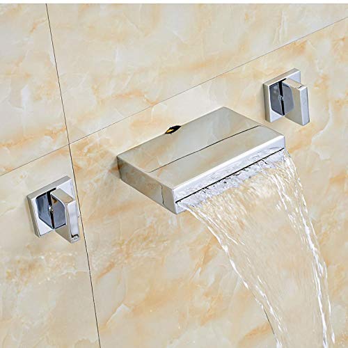 GTFDXJ Brass Tap Basin Sink Chrome Finished Bathroom Wall Mout Basin Widespread Dual Handle Waterfall Bath Spout Mixer Taps-B