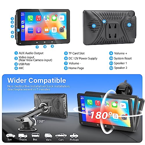 Portable Apple Carplay,Wireless Carplay and Android Auto,7'' Touch Screen Car Stereo,Car Radio with Backup Camera,Wireless AirPlay,Mirror Link,Bluetooth 5.0 Handsfree/FM/AUX/MIC/USB/TF