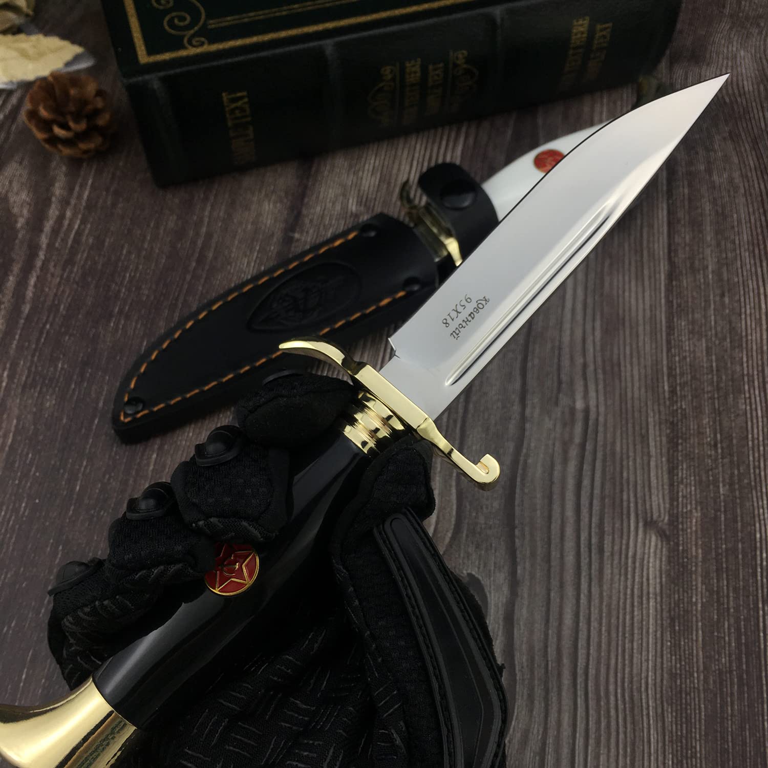 HUAAO 10.2in Fixed Blade Hunting Knife with Sheath, Bowie Knife Full Tang, 440C Blade Acrylic Handle, Survival Camping Knife for Outdoor Bushcraft (black handle)