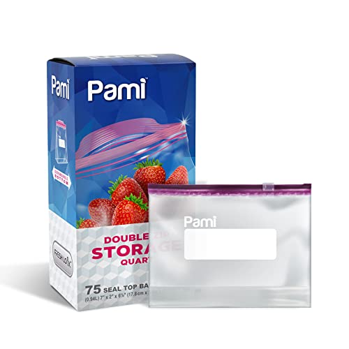 PAMI Double Zip Food Storage Quart Bags [75 Pieces] - Leakproof Freshness-Lock Bags With Expandable Bottom- Food-Safe Zipper Bags With Write On Label- Thick & Reusable Sandwich Bags