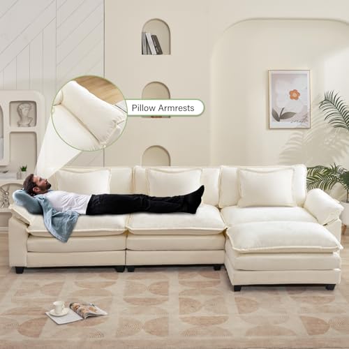 Oprisen Modular Sectional Sofa, Comfy Cloud Couch Sectional Sofa with Ottoman, Chenille Sofa Sleeper Deep Seat Sofa with Throw Pillows for Living Room (Beige, 120"- L Shape)