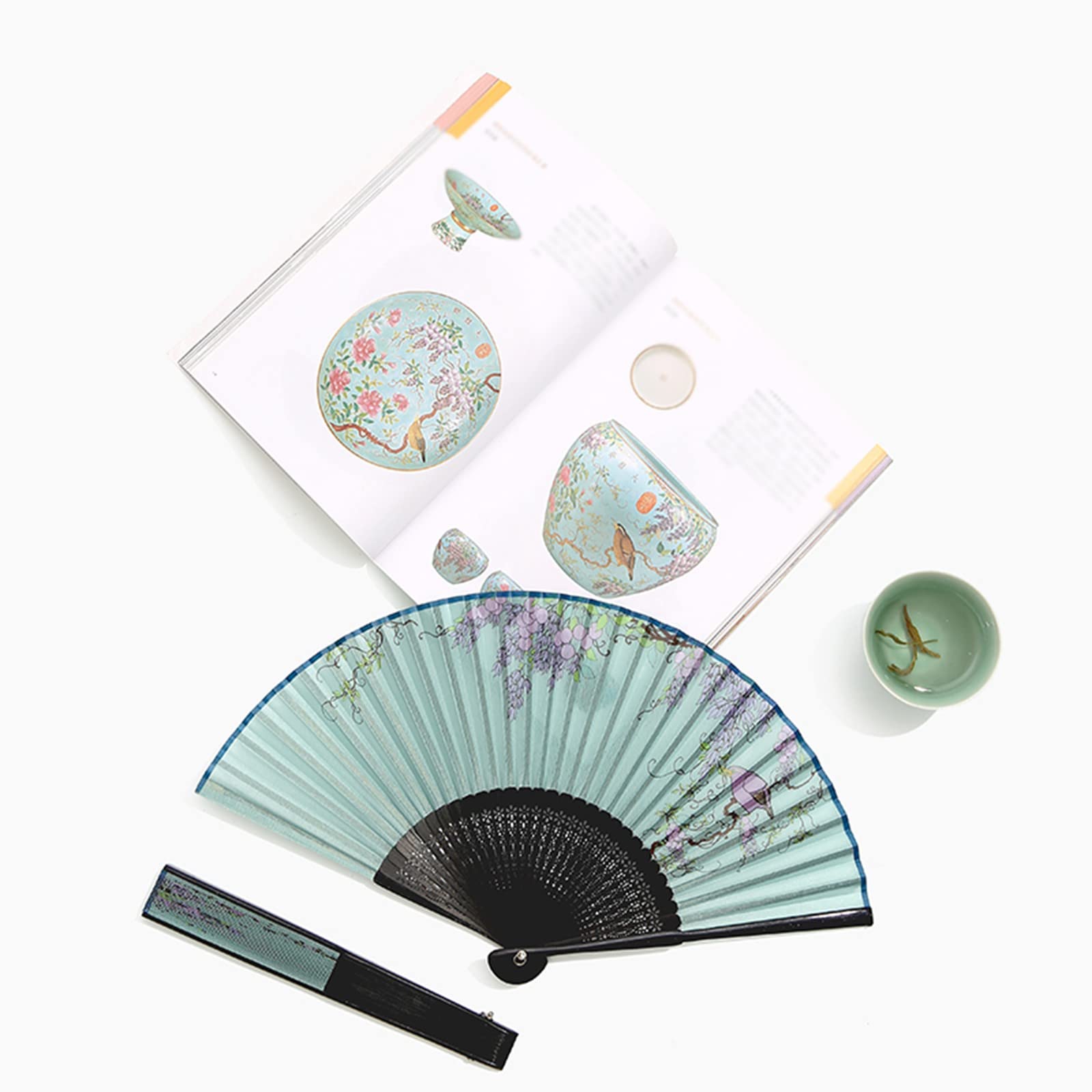 ERTUO Hand Folding Fan Bamboo Handheld Folding Fan Chinese Gift Hanfu Cheongsam Matching (Wisteria Flowers and Birds)